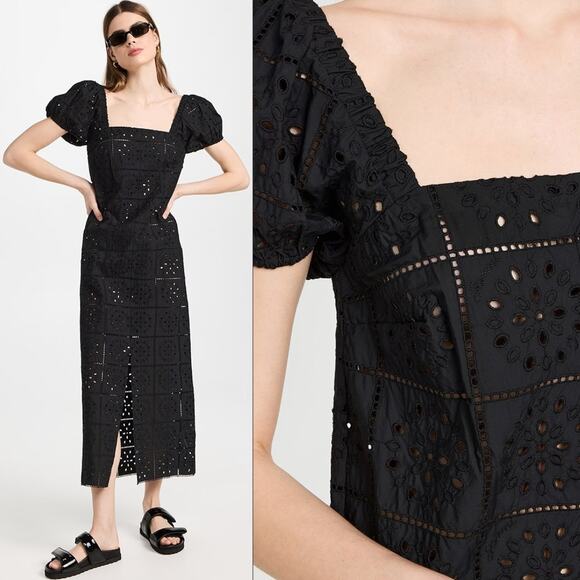 Ganni | Dresses | Ganni Nwt Black Eyelet Cottagecore Square Neck Puff ...
